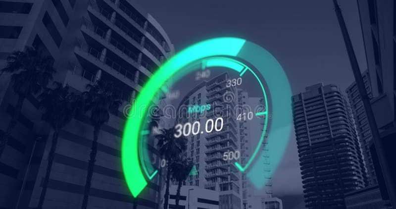 Image of Green Speedometer Over Office Buildings Stock Image - Image of ...