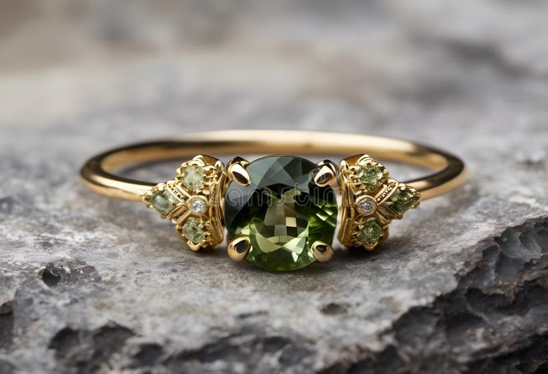 This is an Image of a Green Stone Ring with Three Small Stones Stock ...