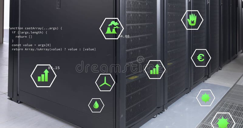 Image of Green Technology Icons and Coding Over Data Server Room Stock ...