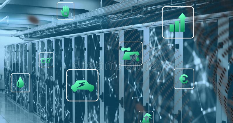 Image of Green Technology Icons and Connected Dots on Data Server Racks ...