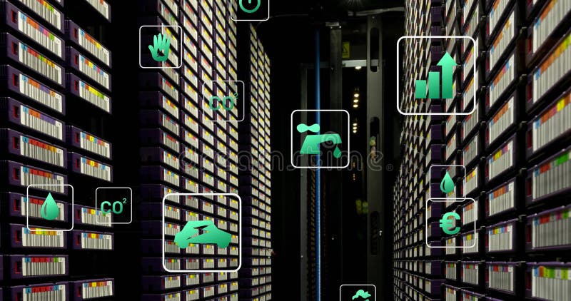 Image of Green Technology Icons Moving Over Data Server Room Stock ...