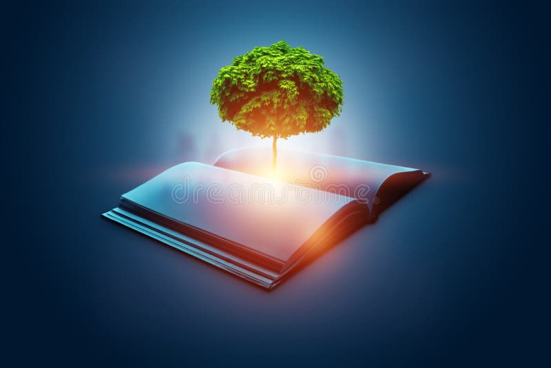 Image of a Green Tree Growing from a Book on a Blue Background ...