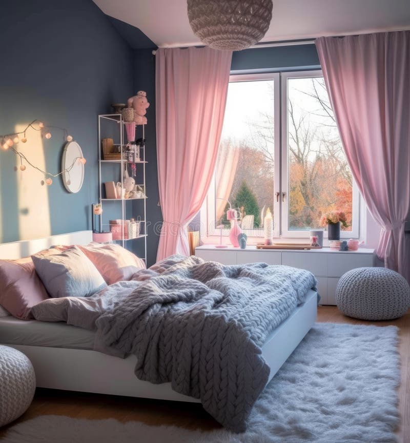 Image of Grey White and Pink Bedroom with Fluffy Decor Generative AI ...