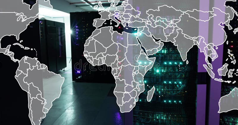 Image of Grey World Map Over Glowing Computer Servers in Server Room ...