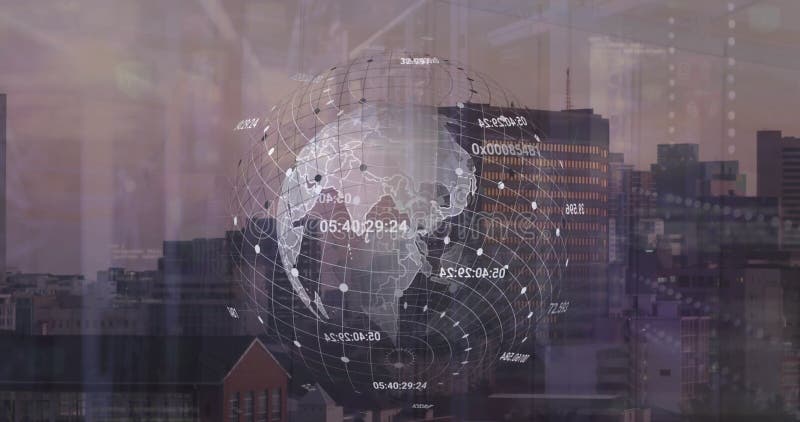 Image of Grid Pattern and Changing Numbers Around Globe Over Aerial ...