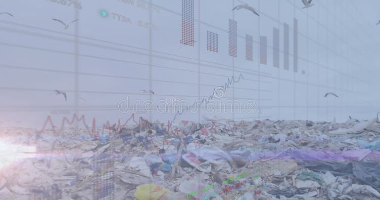 Image of Grid Pattern with Graphs Moving and Birds Flying Over Garbage ...