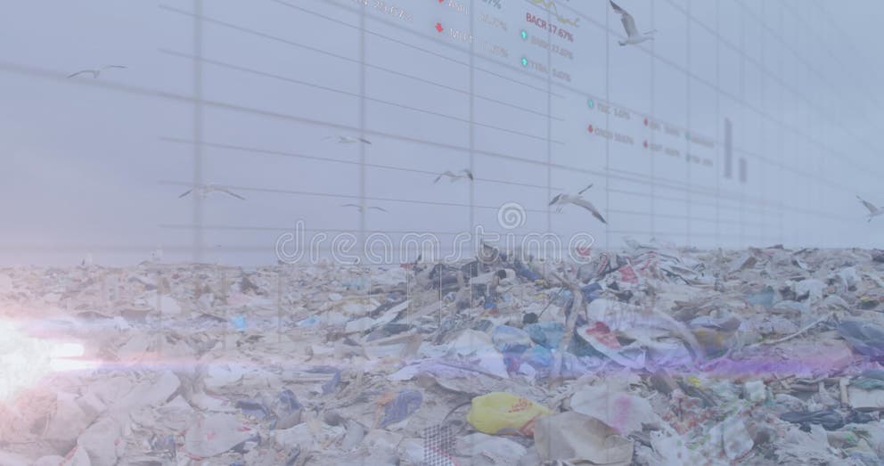 Image of Grid Pattern with Graphs Moving and Birds Flying Over Garbage ...