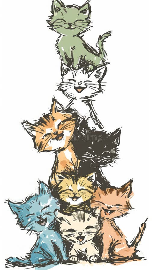 Image of a Group of Cats. Hand-drawn Illustration Stock Illustration ...