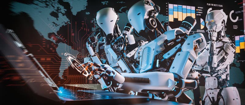 Image of a Group of Robots Working on a Computer Stock Illustration - Illustration of work ...