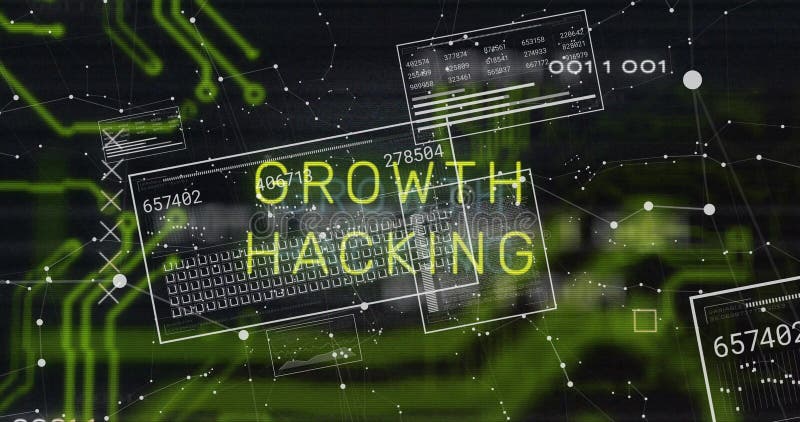 Image of Growth Hacking Text and Data Processing Over Network of Connections on Black Background ...