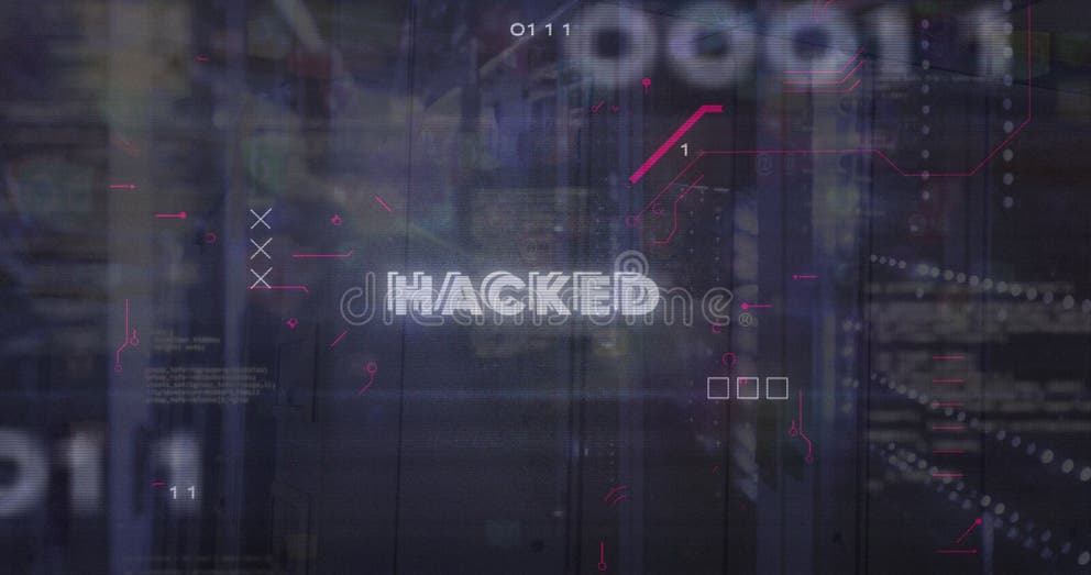 Image Of Hacked Text Binary Codes And Computer Language Circuit Board Pattern Over Server Room