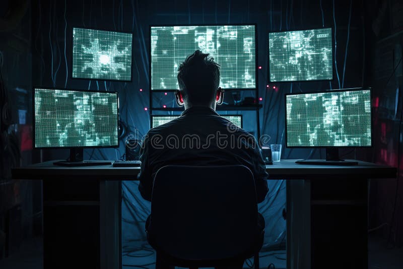 Back View of a Hacker in the Process of Hacking the Network. Stock ...