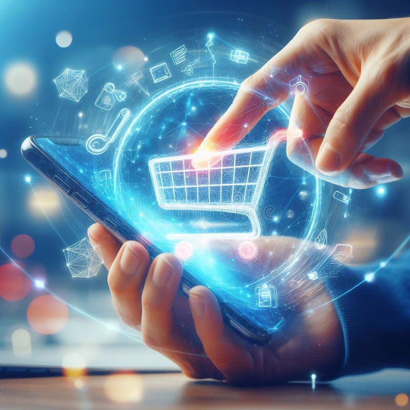 Image of a Hand Using a Mobile Phone and a Holographic Graphic Pop-up ...