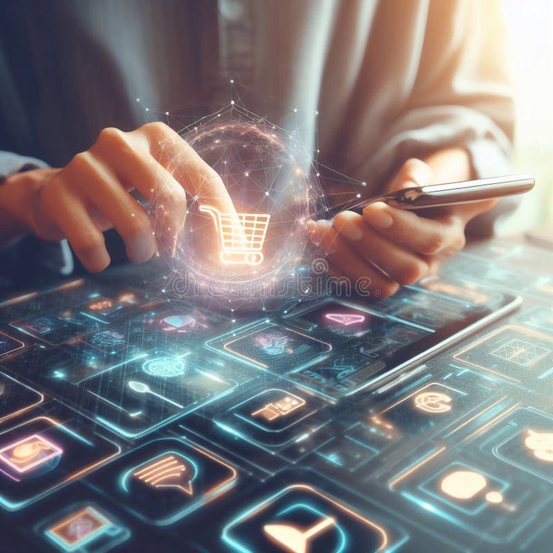 Image of a Hand Using a Mobile Phone and a Holographic Graphic Pop-up ...