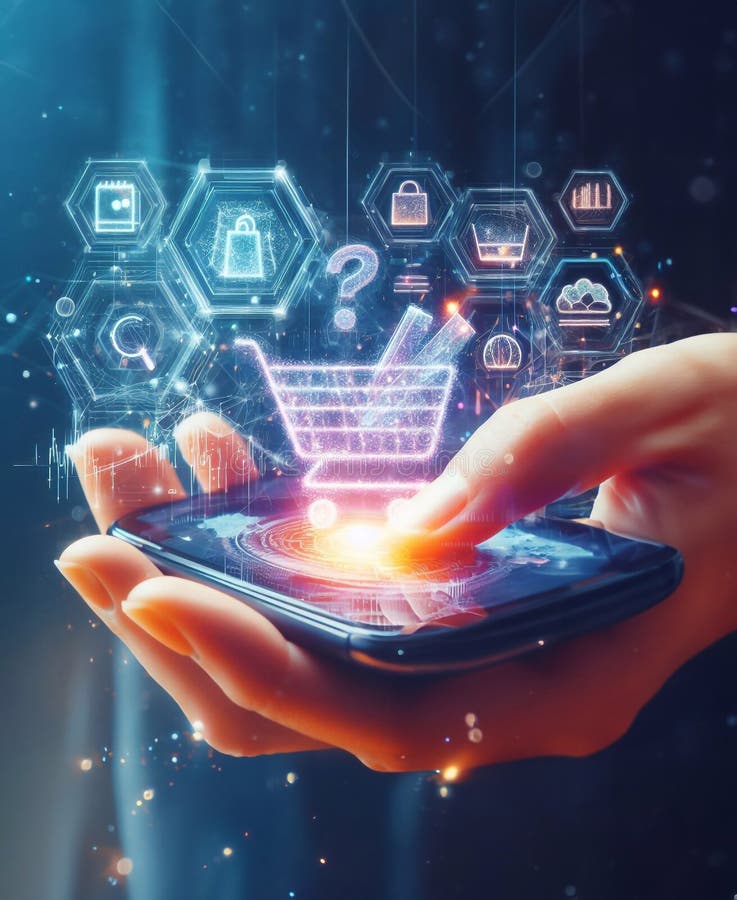 Image of a Hand Using a Mobile Phone and a Holographic Graphic Pop-up ...