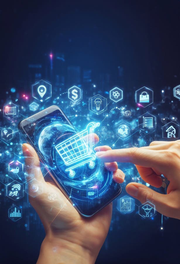 Image of a Hand Using a Mobile Phone and a Holographic Graphic Pop-up ...