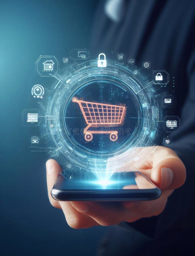 Image of a Hand Using a Mobile Phone and a Holographic Graphic Pop-up ...