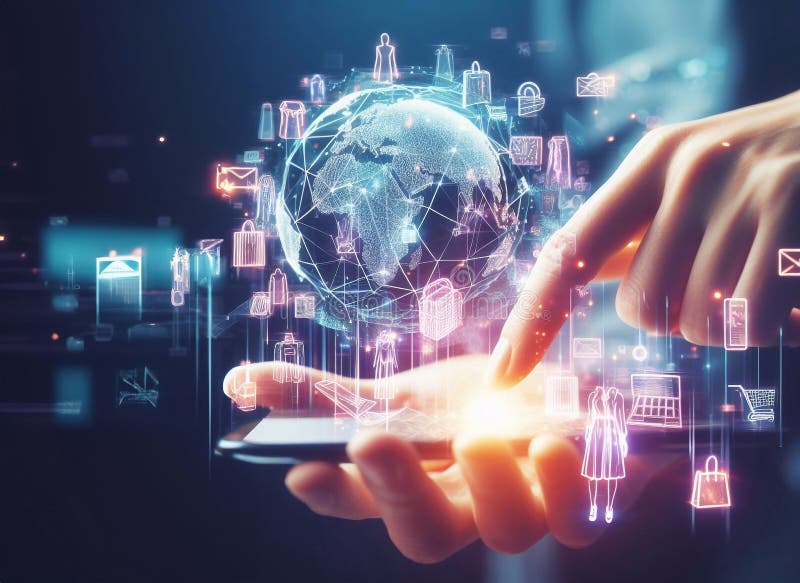 Image of a Hand Using a Mobile Phone and a Holographic Graphic Pop-up ...