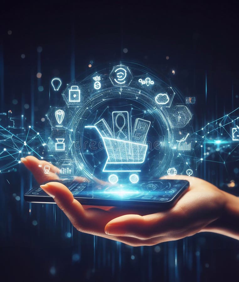 Image of a Hand Using a Mobile Phone and a Holographic Graphic Pop-up ...