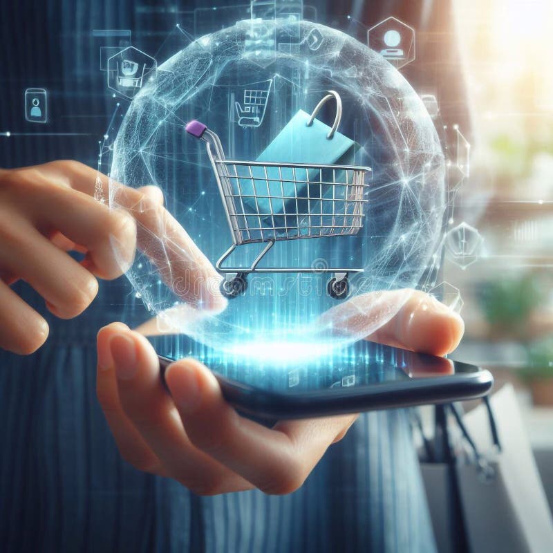 Image of a Hand Using a Mobile Phone and a Holographic Graphic Pop-up ...