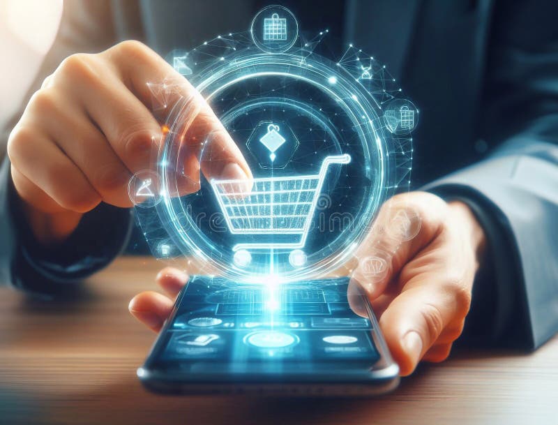 Image of a Hand Using a Mobile Phone and a Holographic Graphic Pop-up ...