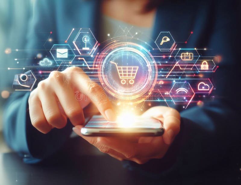 Image of a Hand Using a Mobile Phone and a Holographic Graphic Pop-up ...