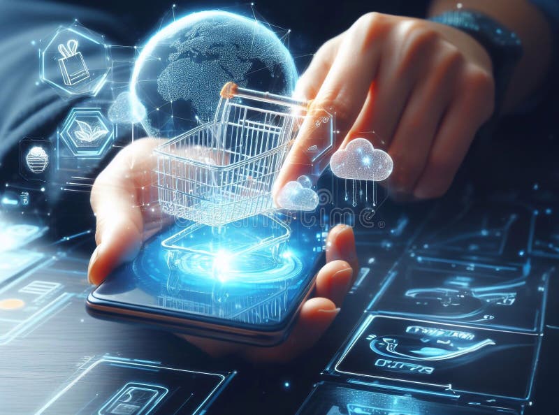 Image of a Hand Using a Mobile Phone and a Holographic Graphic Pop-up ...