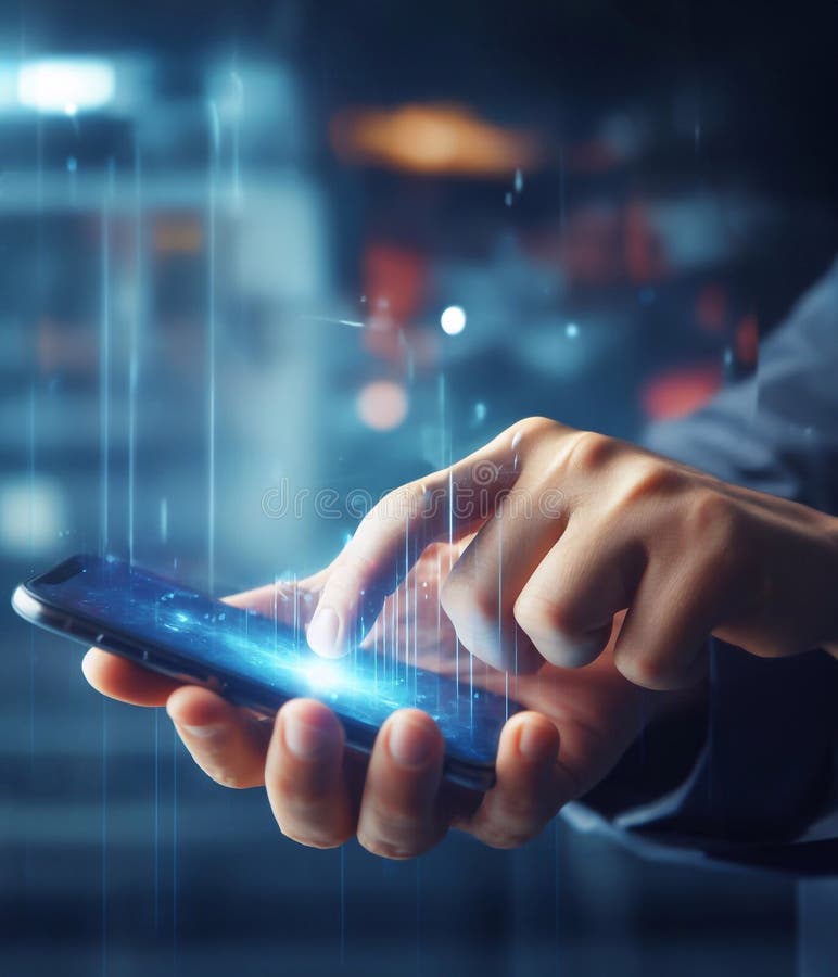 Image of a Hand Using a Mobile Phone and a Holographic Graphic Pop-up ...