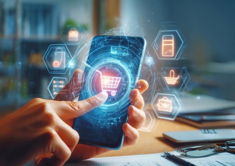 Image of a Hand Using a Mobile Phone and a Holographic Graphic Pop-up ...