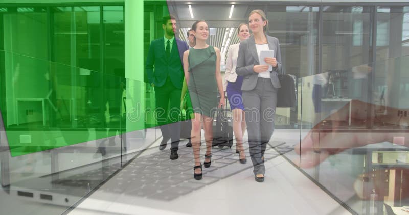 Image of Hands Using Laptop with Green Screen Over Colleagues Walking ...