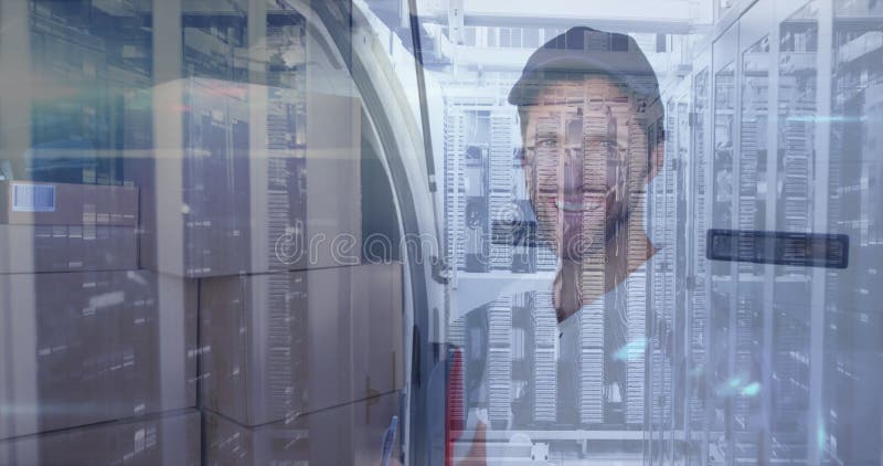 Image of Hands Working Over Modern Building Over Data Processing Stock ...