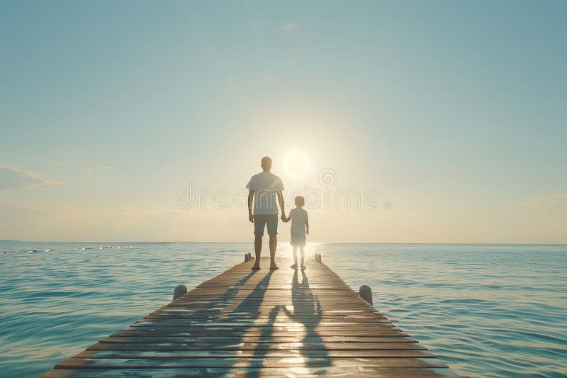 An Image of Happiness of a Father and Son on a Pier on a Sunny Day ...
