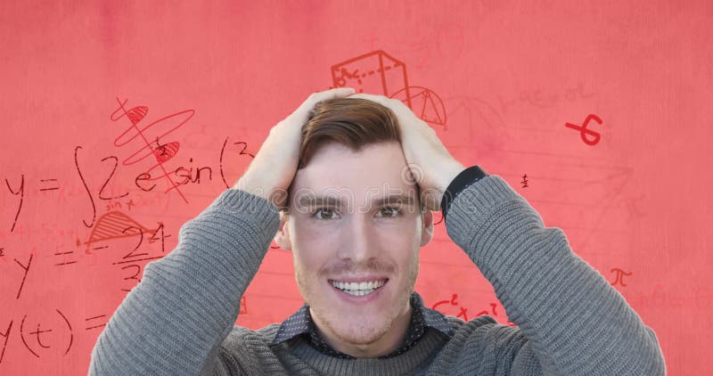 Image of Happy Caucasian Male Student Over Maths Equations and Geometry ... Image of Happy Caucasian Male Student Over Maths Equations and Geometry ...
