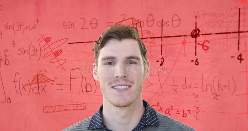 Image of Happy Caucasian Male Student Over Maths Equations and Geometry ...