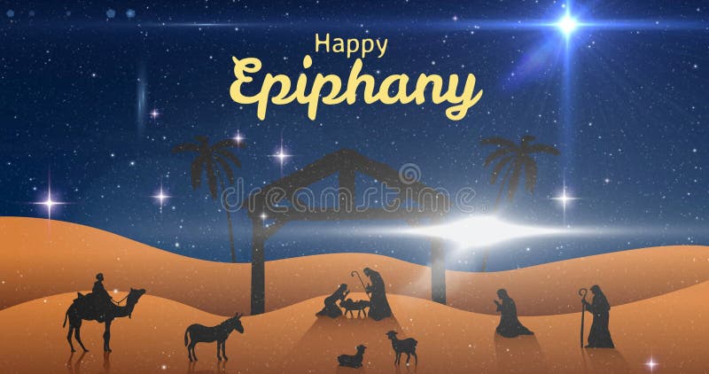 Image of Happy Epiphany Text Over Snow Falling and Nativity Scene Stock ...