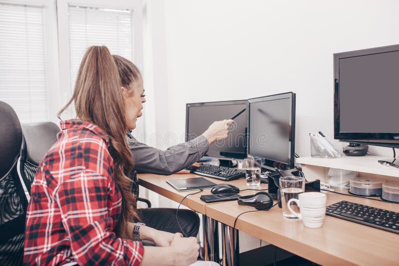 Workteam in Office Working on Desktop Computer Stock Image - Image of ...