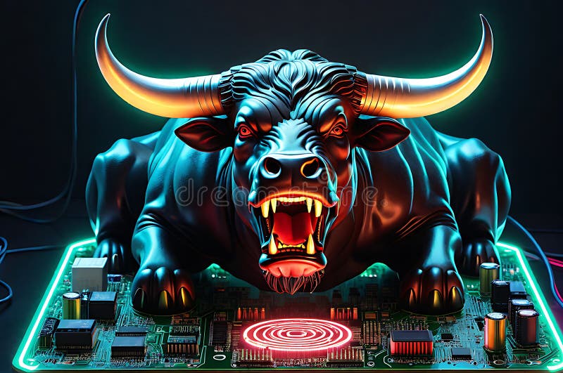 Angry Bull Mounted on a Tech-Style Circuit Board: Front View, Horns ...