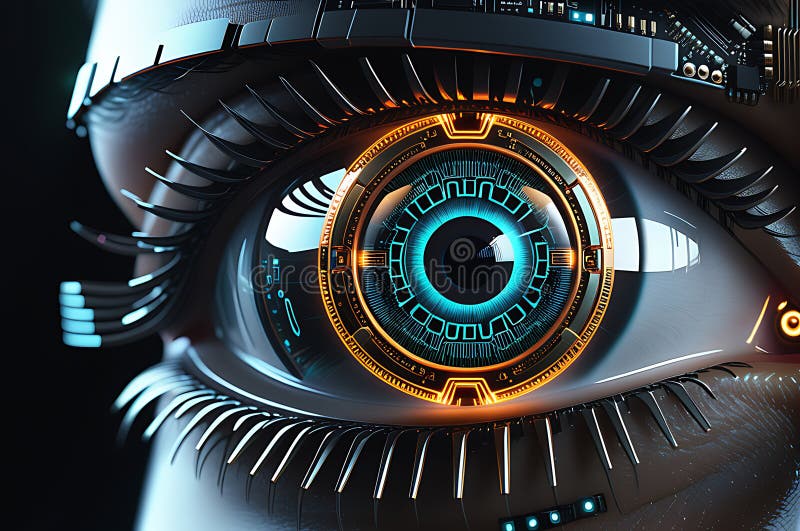Techno Gaze: Close-Up Illustration of a Cybernetic Eye Infused with ...