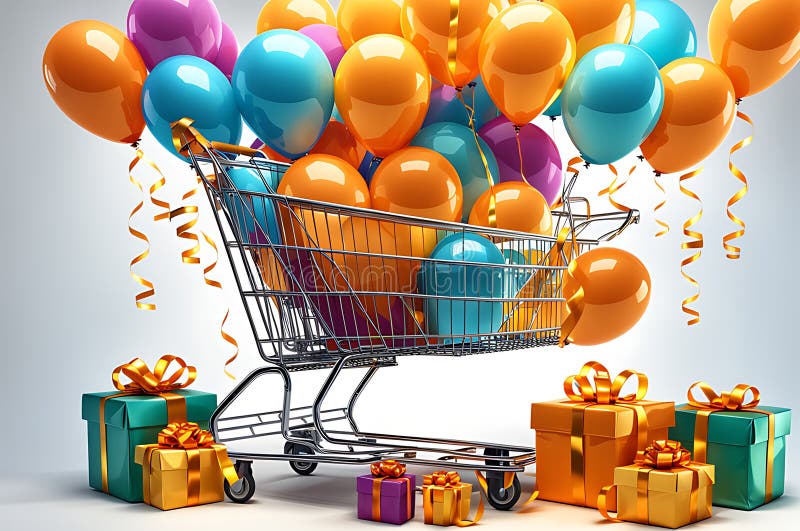 Hopping Cart Brimming with an Array of Gifts, Each Wrapped in Glossy ...
