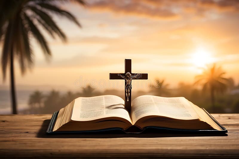 Divine Illumination: Open Bible Script in Blur with Focus on Cross in ...