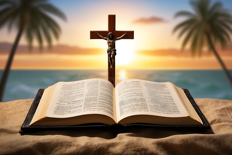 Divine Illumination: Open Bible Script in Blur with Focus on Cross in ...