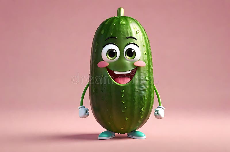 A Single Cute Cucumber As a 3D Rendered Character Over Solid Color ...