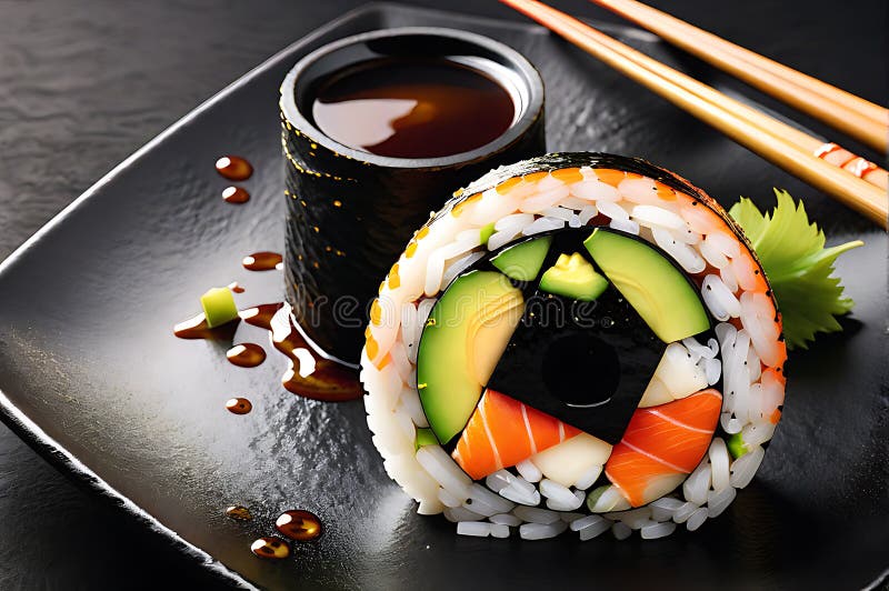 One Delectable Sushi Roll Centered on a Matte Black Plate - Top View ...