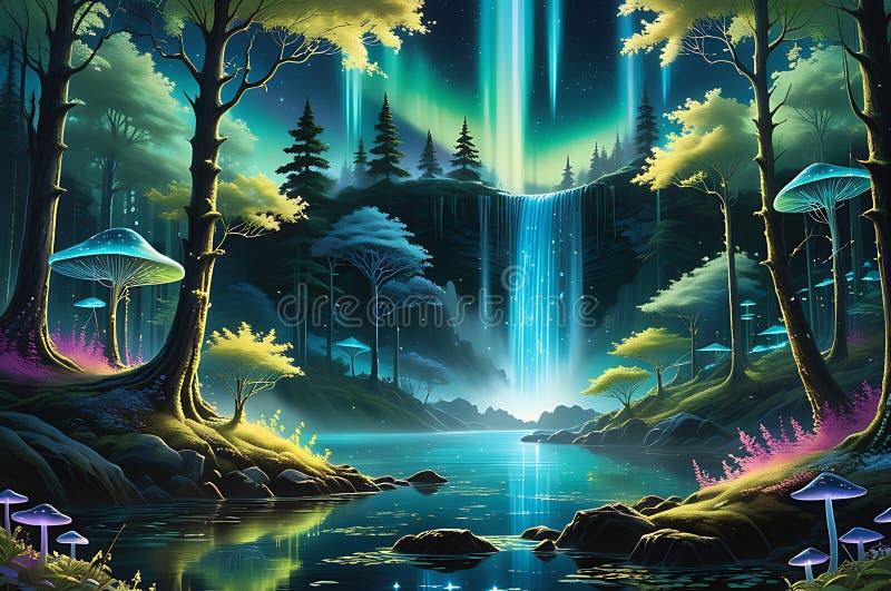 Mystical Haven: Enchanted Forest Clearing Beneath an Aurora-Filled Sky ...