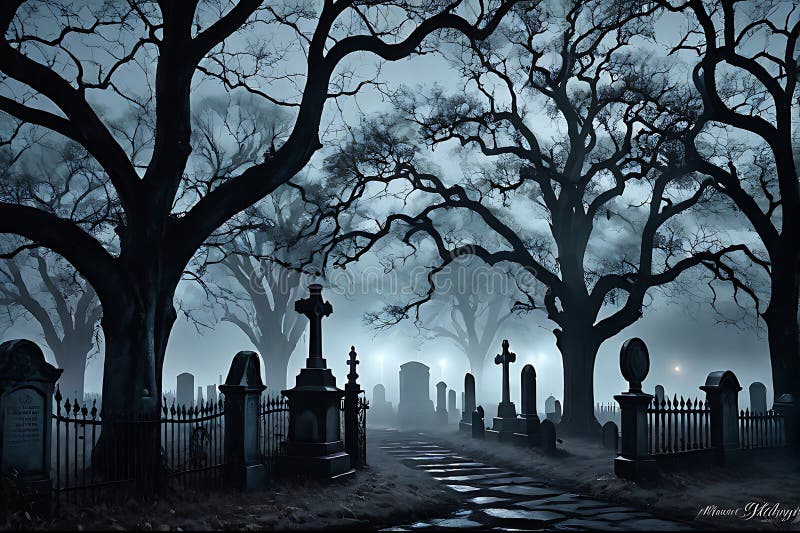 A Horror and Scary Grave Yard Night Scene Illustration 3d Rendered ...