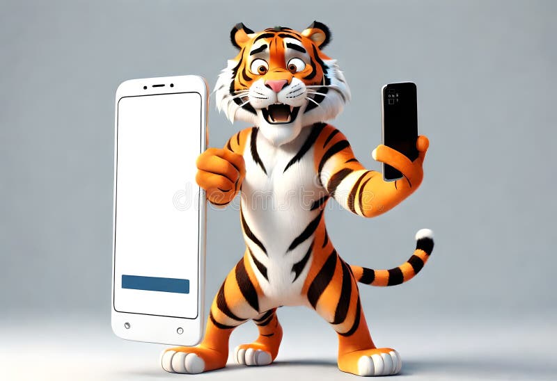 Adorable Tiger with Mobile Phone Stock Illustration - Illustration of ...