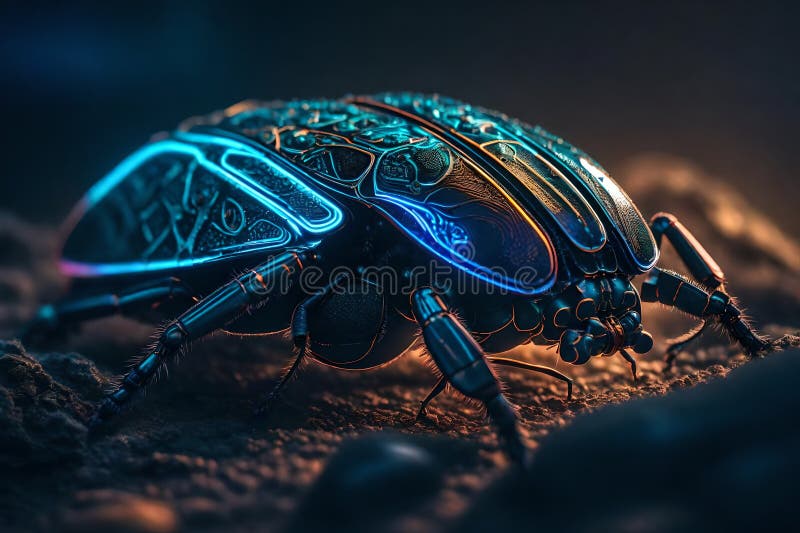 Neon Cyborg: Close-Up of High-Tech Insect with Glowing Metal Skin Stock ...