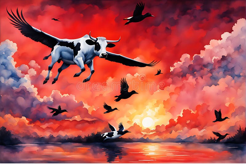 Flying Cow and Ducks: Majestic Journey Across the Red Sunset Sky Toward ...