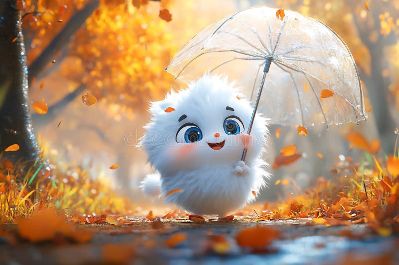Cute 3D Chubby Creature Holding an Umbrella on a Wet Road with Autumn ...