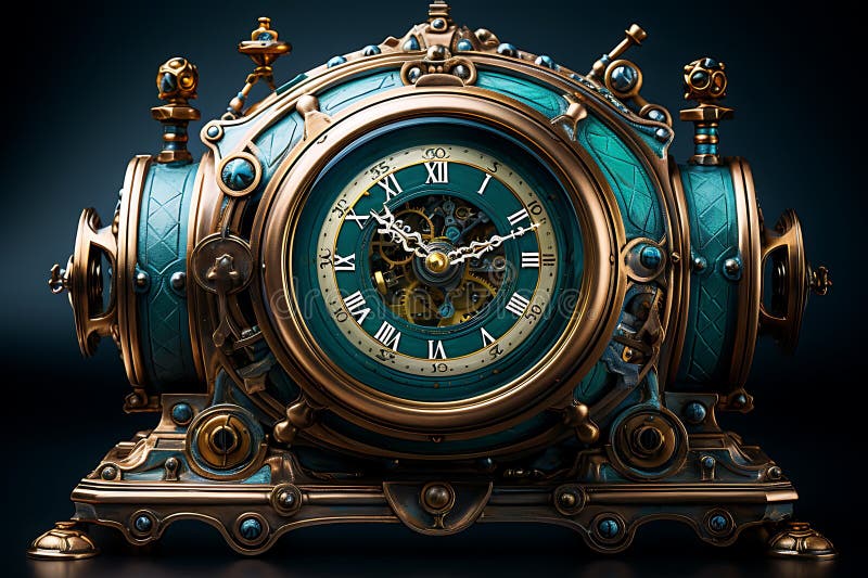 Ornate Steampunk Clock with Brass Teal Accents Stock Illustration ...